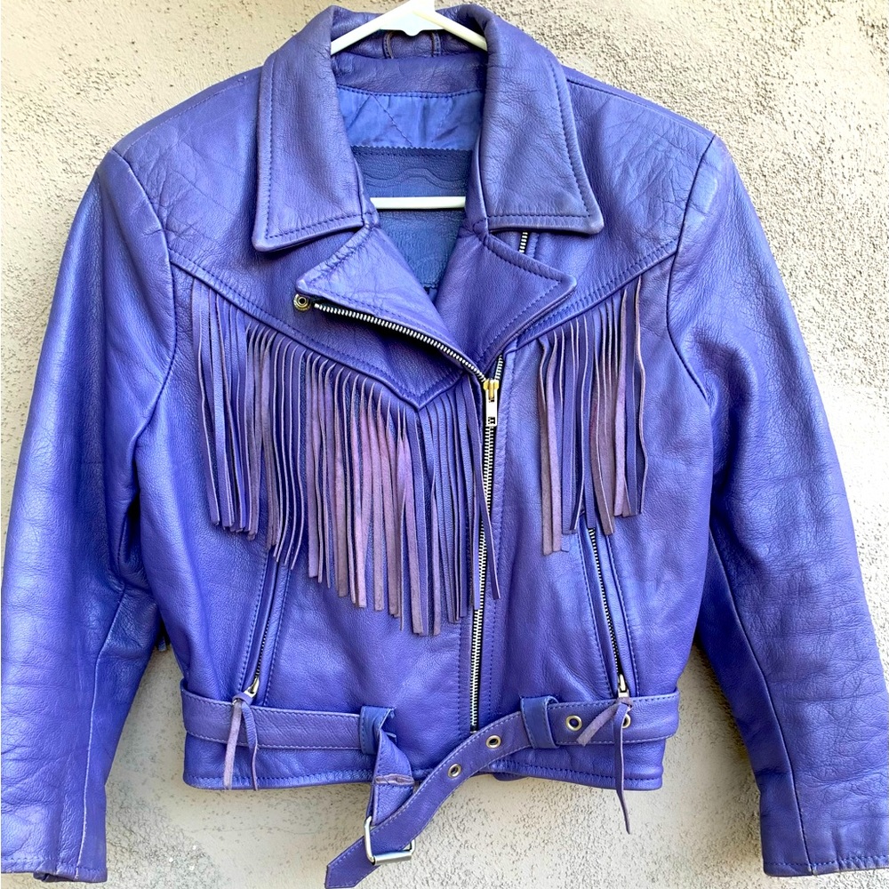 Vintage Purple Fringe Leather Motorcycle Jacket - Gem